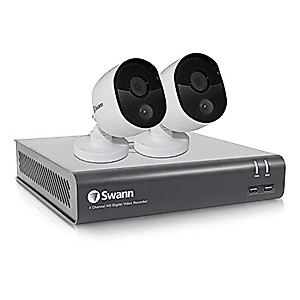 Swann Home Security Camera System, 4 Channel 2 Bullet Cameras, 1080p HD DVR, Indoor/Outdoor Wired Surveillance CCTV, Night Vision, Heat & Motion Sensing, Alexa + Google, 1TB Hard Drive, SWDVK-445802V