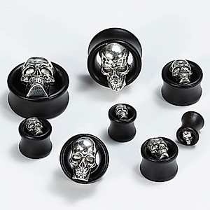 COOEAR Ebony Wood Metal Skull Style Gauges for Ears Piercing Body Jewelry Tunnels Plugs 1 Pair Selling 0g to 1 Inch