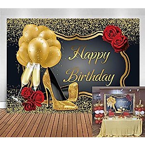 GYA 7x5ft Glitter Gold Happy Birthday Backdrop Red Rose Floral Golden Balloons Heels Champagne Glass Background for Women Birthday Party Decorations Birthday Party Supplies