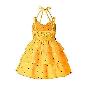 Toddler Girls Dress Halter Dots 3-Layer Pleated Party Dress Chiffon One-Piece A-line Dress with Belt and Headband Summer Outfits (Yellow dots Girls Dress, 4_Years)