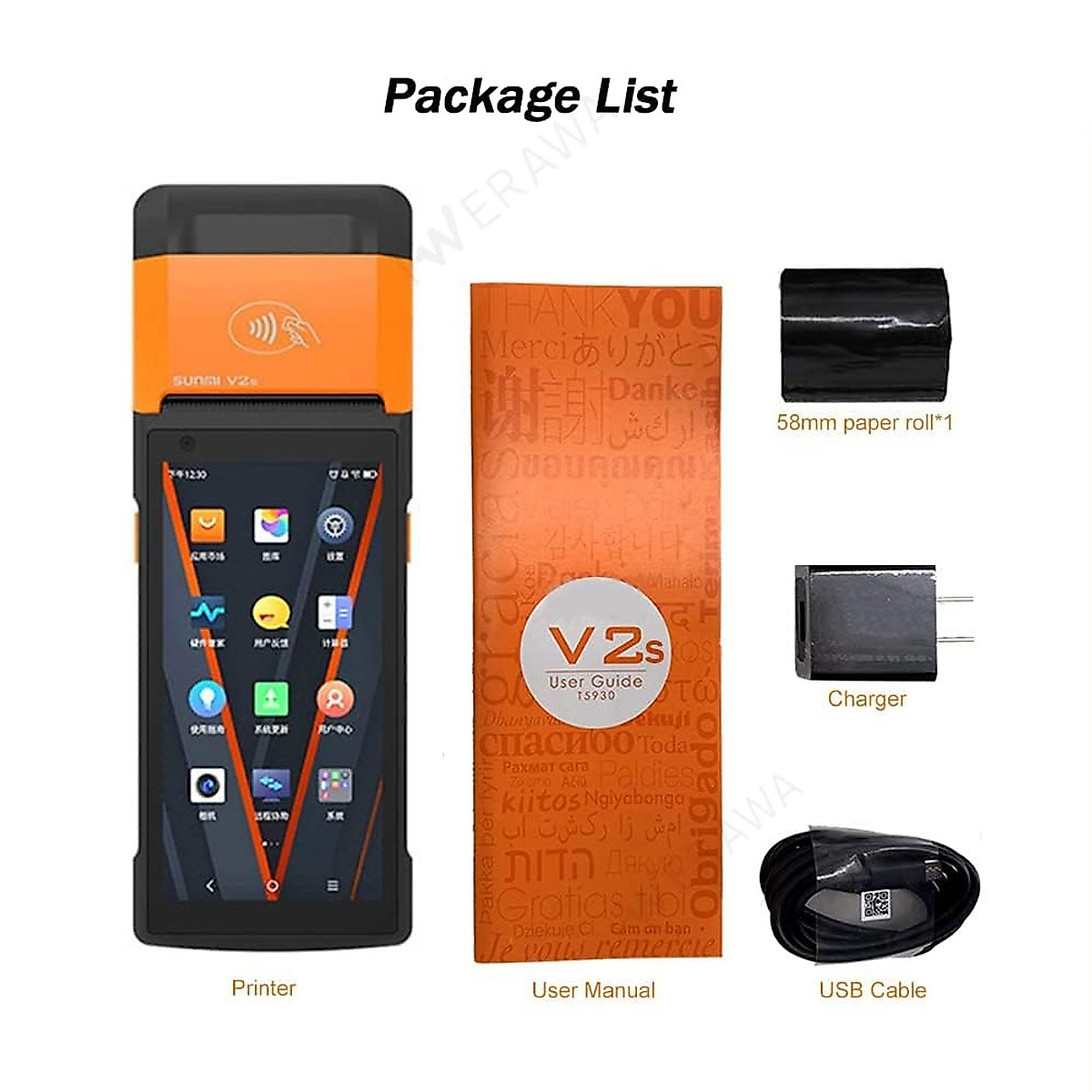 IWIRA Sunmi V2 POS Terminal with Receipt Printer, Speaker, Camera and Barcode Scanner All in One Handheld PDA Printer, Android 7.1 System, Support 4G, WiFi and Bluetooth, Orange, Black