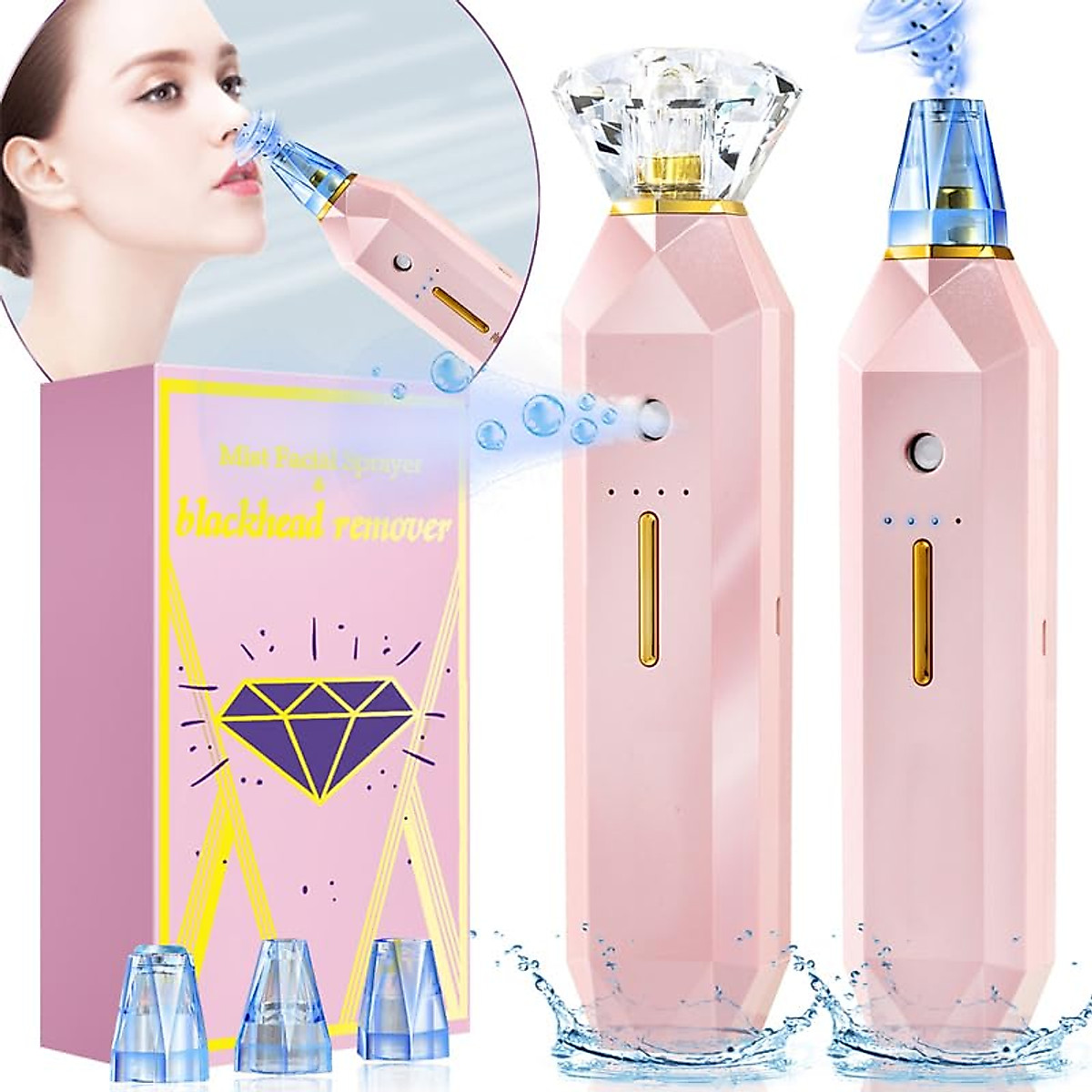 Blackhead Remover Pore Vacuum,Facial Sprayer Oxygen Hydrating,2 in 1 Multifunction Derma Blemish Removal Cleanser, Face Steamer Whitehead Acne Remover, Deeply Spots Cleaner Suction (Pink)