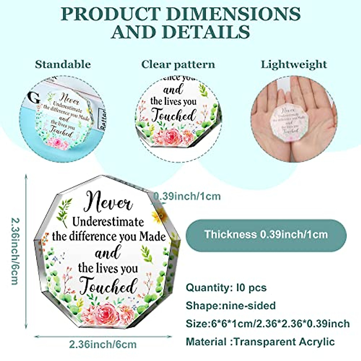 10 Pcs 5 Styles Acrylic Thank You Gift Nonagon Coworker Gift Office Employee Appreciation Plaque Decorative Signs and Plaques Inspirational Paperweight Keepsake for Women Men Colleague Teacher