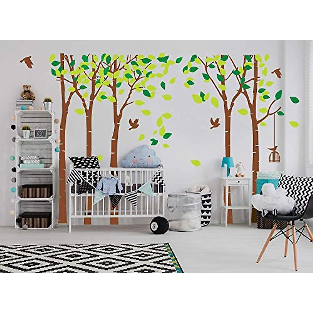 Large Five Family Trees with Birds and Birdcage Jungle Tree Wall Decal Removable Vinyl Sticker Mural Art Baby Girl Nursery Decor Baby Room Decor Kids Room Decor (103.9x70.9) (Brown)