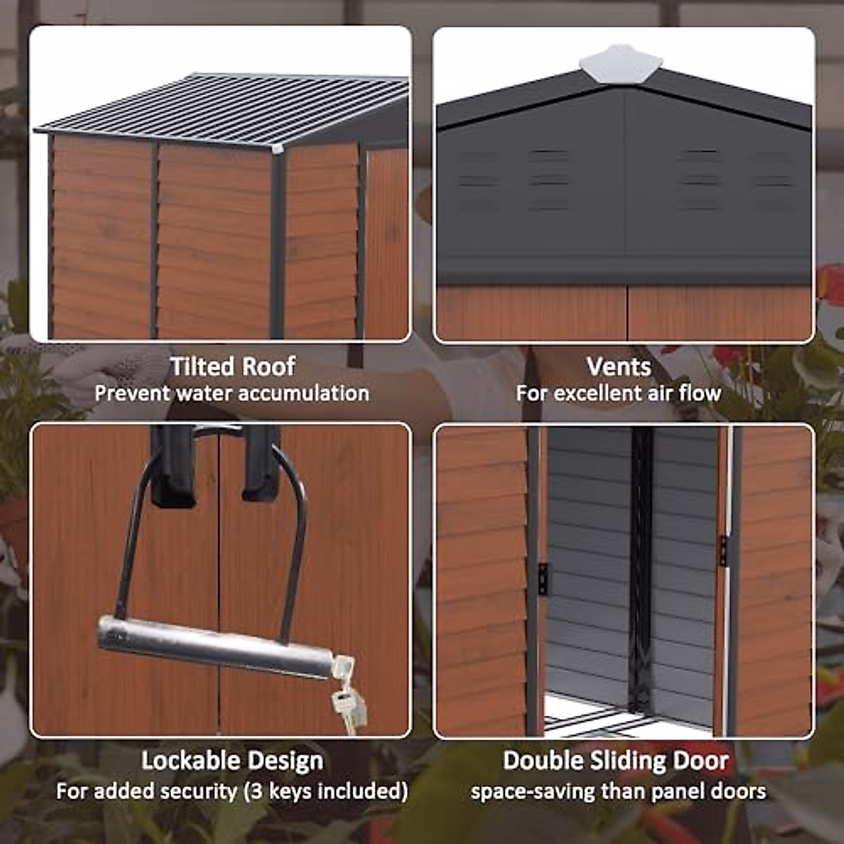 Outsunny 8' x 7' Outdoor Storage Shed, Garden Tool Metal Shed with Foundation Kit, Double Lockable Door, Air Vents and Sloping Roof, for Backyard, Patio, Lawn, Teak