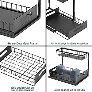 Houocon Under Sink Organizers and Storage, 2-Tier Under Bathroom Cabinet Organizer with Hooks, Pull Out Cabinet Organizer Under Kitchen Sink, Black, Metal