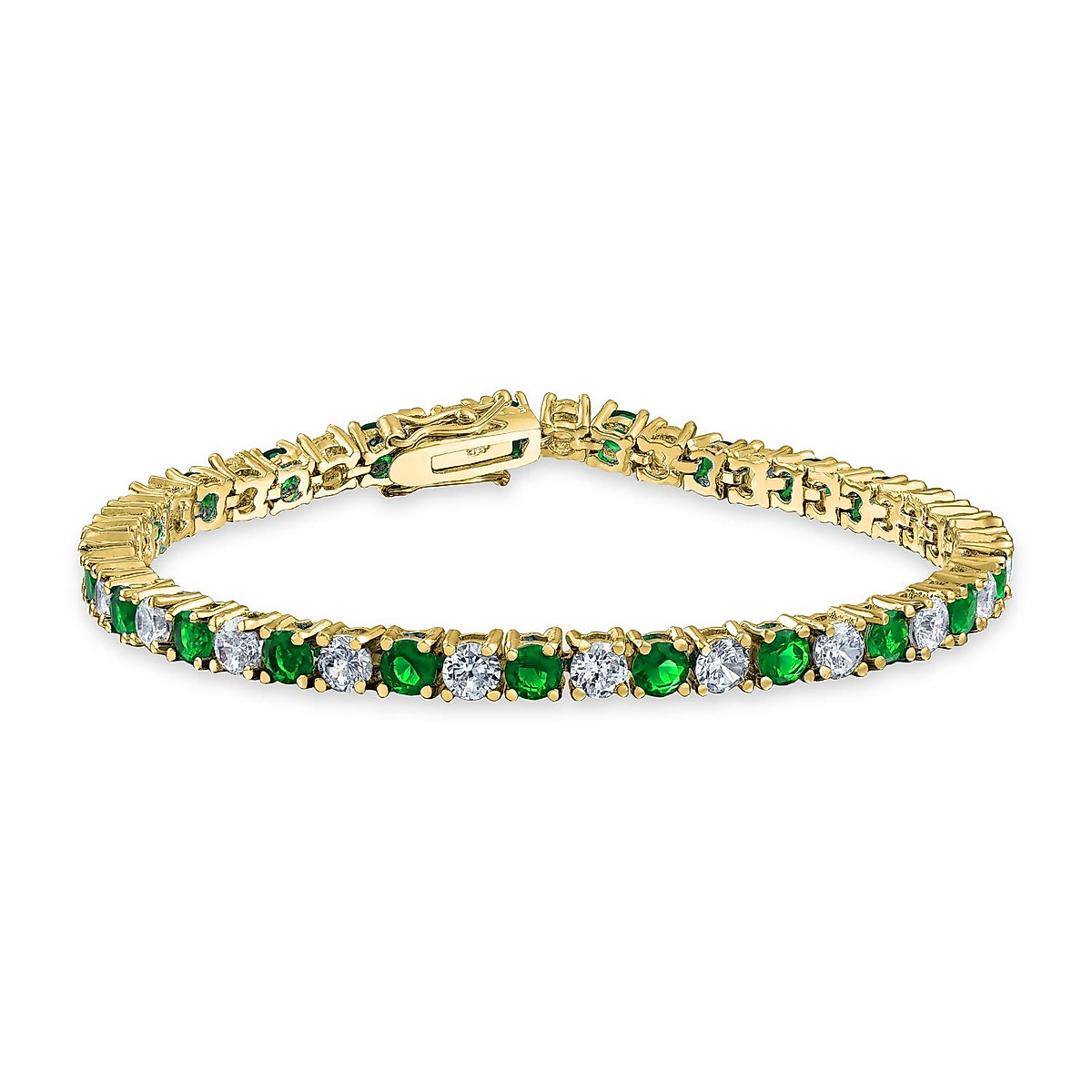 Bling Jewelry Green White Alternating Simulated Emerald Round Cubic Zirconia 12.00 CT 4 Prong Basket Set Solitaire AAA CZ Tennis Bracelet For Women Prom Bride 14K Gold Plated 7.5 Inch