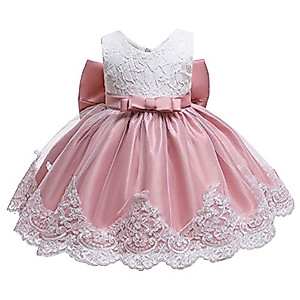 KILO&METERS Christening Lace Flower Baby Girl Dress Princess Formal Prom Tutu Ball Gown, Bean Powder, 3M.
