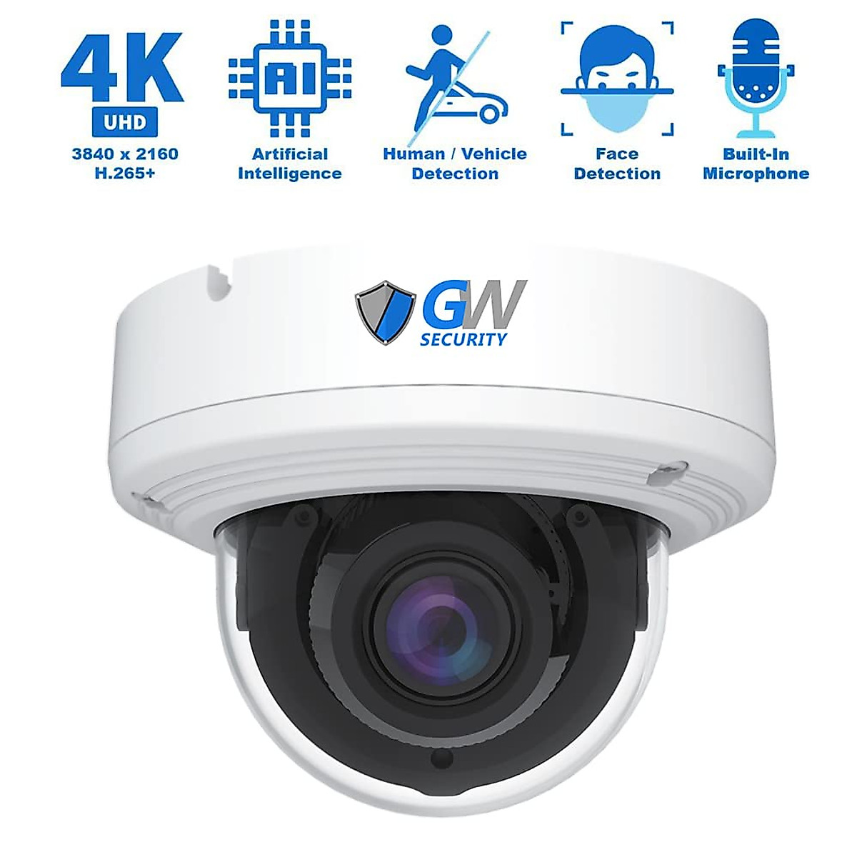 GW Security 8 Channel NVR 4K 8MP PoE 2.8-12mm Varifocal Zoom Security Camera System with 4 x 4K 8MP IP Microphone Waterproof Smart AI Dome Camera, Face Recognition/Human/Vehicle Detection