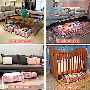 Under Bed Storage with Wheels - 2 pack - Collapsible Underbed Containers Dorm Organizer Bins for Shoe Shoes Clothes Toys - Pink