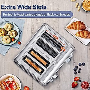 CUSIMAX 4 Slice Toaster, Ultra-Clear LED Display & Extra Wide Slots, Dual Control Panels of 6 Shade Settings, Cancel/Bagel/Defrost Function, Removable Crumb Trays, Stainless Steel Toaster