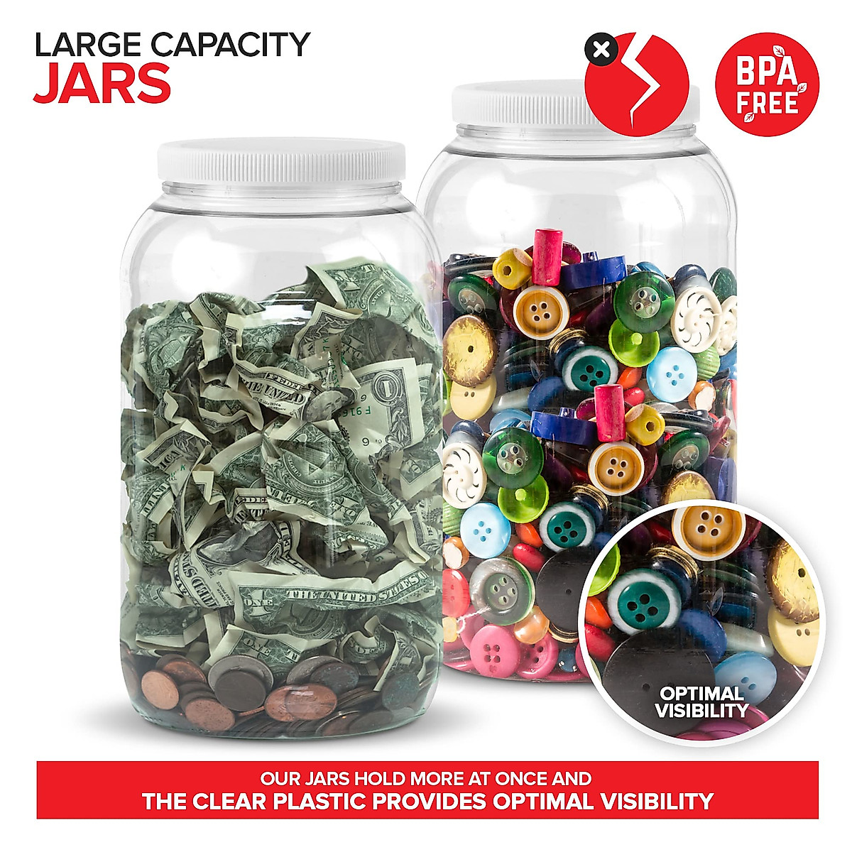 Stock Your Home 1 Gallon Clear Plastic Jars with Lids (2 Pack) 128 oz Wide Mouth Large Jar with Lid, Big Container for Candy, Cookies, Arts & Crafts, Bartender Money Tips, Kitchen & Pantry Storage