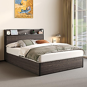 Albott Queen Size Lift up Storage Bed Frame, Wooden Platform Bed Frame with Storage Headboard ＆ Charging Station, No Spring Box Needed/Noise Free, Black