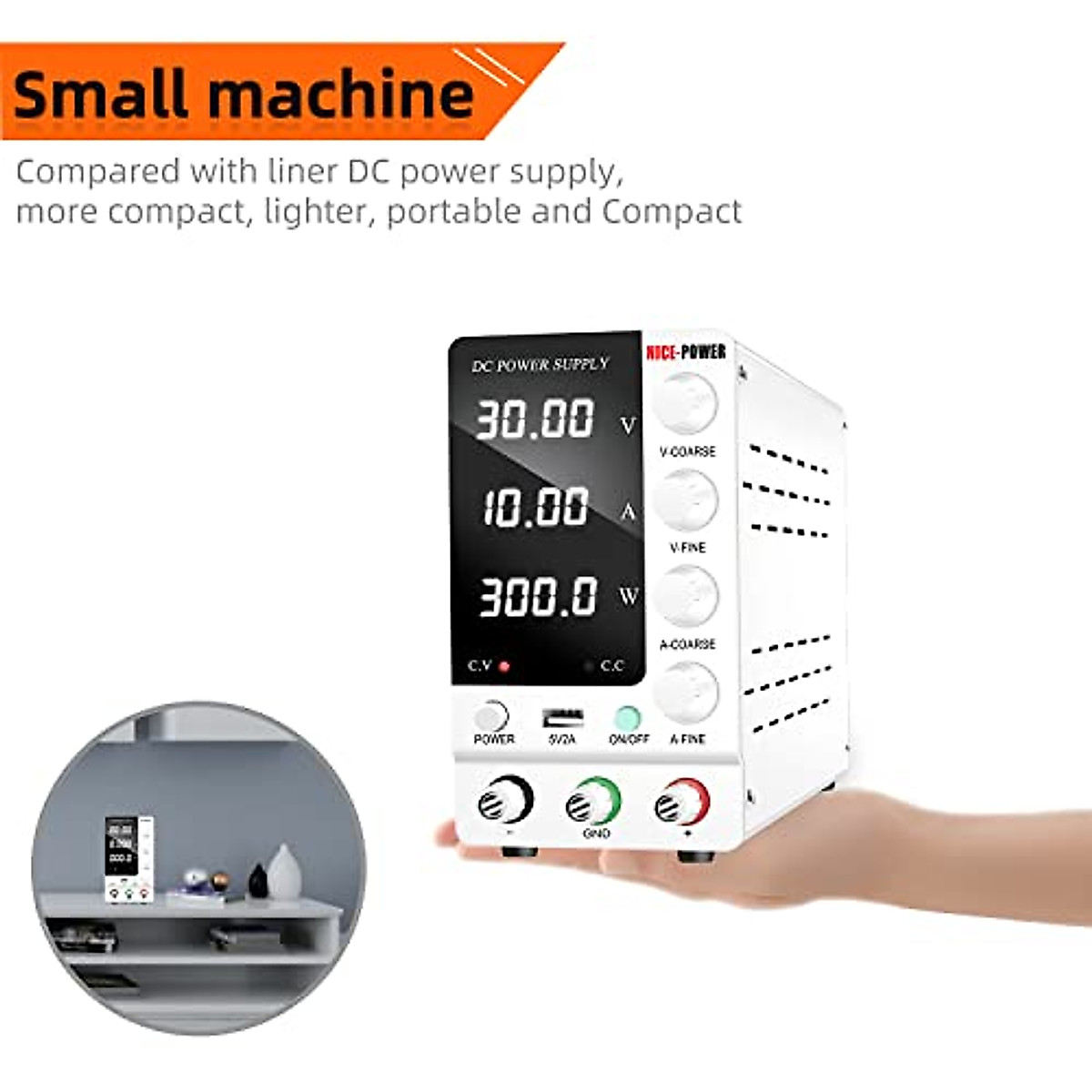 NICE-POWER DC Power Supply Variable Regulated Switching Adjustable 4-Digital Display Adjustable Lab Bench Power Supply, Output Enable/Disable Button (Side Display 30V/10V)