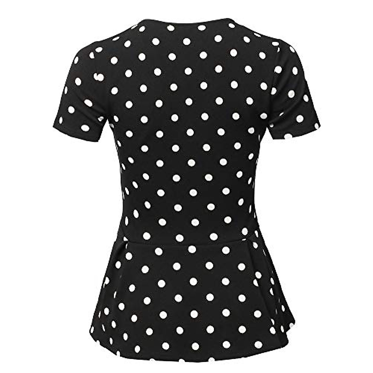 SSOULM Women's Classic Stretchy Short Sleeve Flare Peplum Blouse Top BLACKPOLKADOT L