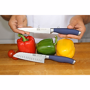 Taylors Eye Witness Syracuse Asian Kitchen Knife Set - Chefs Santoku 13cm/5” & Cooks All Purpose 13cm/5” Cutting Edge, Multi Use. Ultra Fine, Razor Sharp Blade. Soft Textured Grip Denim Blue Handle.