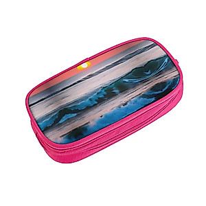 ZEEHXQ Sunset And Sunrise With Ocean Sea Waves Print Large Pencil Case Pouch With Zipper,Adults Office Stationery Travel Makeup Bag, Pink, RXZER23