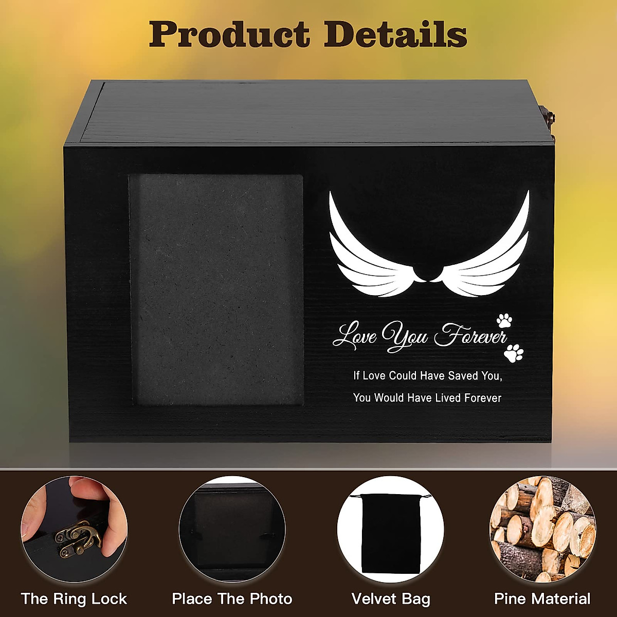 Woiworco Pet Urns for Dogs Ashes, Large Wooden Funeral Cremation Urns with Photo Frame, Memorial Keepsake Box with Black Flannel as Lining, Urn for Dog or Cat Ashes, Loss Pet Memorial Remembrance Gift