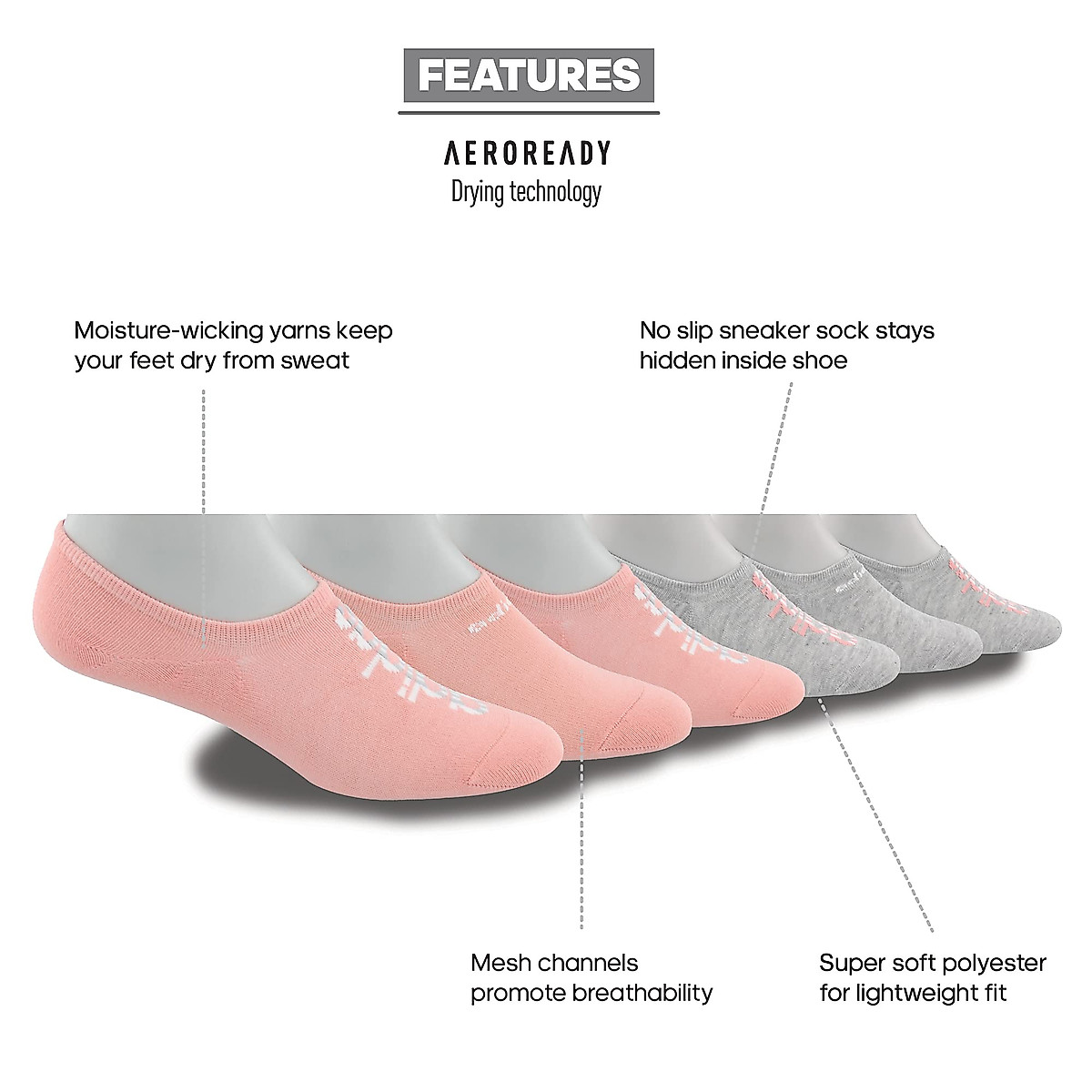adidas Women's Superlite Linear Super No Show Socks (6-Pair), Glory Pink/White/Clear Onix Cool Light Heather Grey/Glory Pink/White, Medium