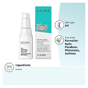Acure The Essentials 100% Plant Squalane Oil - Hydrating, Moisturizer Ultra-Light Glow Liquid Serum for Skin & Hair - 100% Vegan - Lightweight & Unscented - Multi-Purpose Care Regimen Oil - 1 Fl Oz