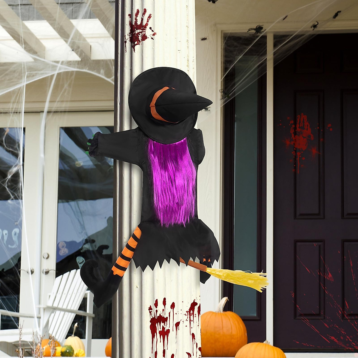 Y- STOP Nylon Crashing Witch, Halloween Decorations Outdoor Witch with Adjustable Band, Door Porch Tree Halloween Decor Props