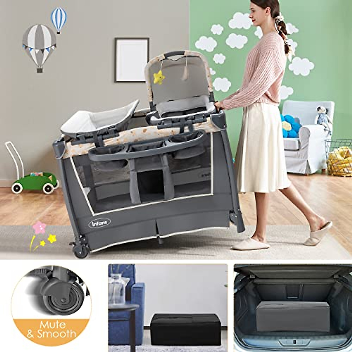 INFANS 4 in 1 Pack and Play, Portable Nursery Center for Baby Kid Infant, Comfortable Playard with Bassinet, Mattress, Diaper Changer, Cradle, Travel Bag, Toys, Music Box, Storage Basket(Monkey)