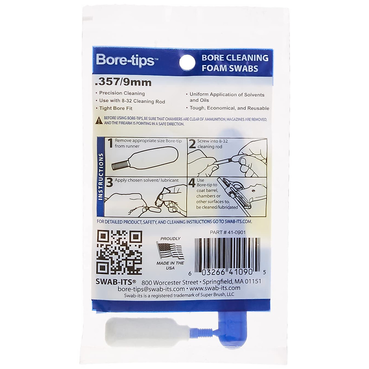 .357cal/.38cal/.380cal/9mm Gun Cleaning Bore-tips® by Swab-its®: Barrel Cleaning Swabs