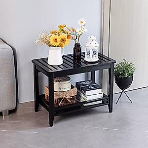 Zoopolyn Bamboo Shower Bench Stool with Storage Shelf Shower Bath Seat for Shaving Legs Waterproof in Bathroom & Inside Shower Black