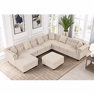 Morden Fort Chesterfield Modular Convertible Sectional U-Shape Polyester Fabric Sofa with Chaise Accent Tufted Couch for Living Room Furniture Set