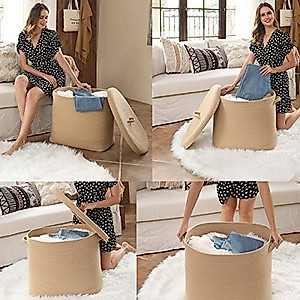 22"x14"x18" Rectangular Extra Large Storage Basket with Lid, Cotton Rope Storage Baskets, Laundry Hamper, Toy Bin, for Toys Blankets Storage in Living Room, Baby Nursery, All Beige