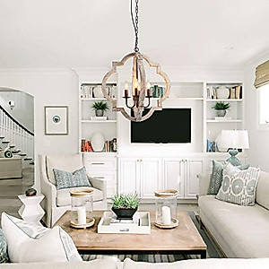 VILUXY Farmhouse Wood Chandelier Geometric Lantern Pendant Light 4-Light for Indoor Kitchen Island Dining Living Room Foyer