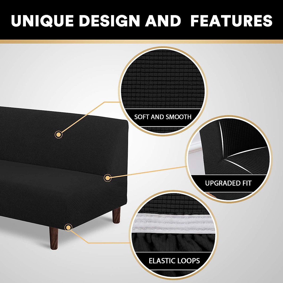 PrinceDeco Stretch Armless Futon Cover Futon Slipcover Full Queen Size Futon Couch Cover Futon Sofa Cover Futon Bed Cover Furniture Protector with Elastic Bottom, Checked Pattern Jacquard, Black