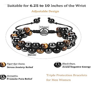 Triple Protection Bracelet, Genuine Tigers Eye Black Obsidian and Hematite 8mm Beads Bracelet for Men Women, Crystal Jewelry Stone Bracelets Bring Luck and Prosperity and Happiness