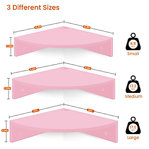 Homode Corner Shelf Wall Mount, Set of 3 Corner Floating Shelves with Cable Hole, 3 Tier Wood Corner Hanging Shelves, Living Room Bedroom Bathroom, Pink