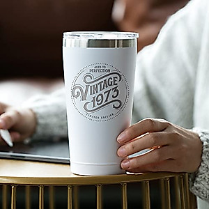 Sodilly Coffee Tumbler - Vintage 1973 Design - Ideal for 50th Birthday Celebrations - 50th Birthday Cups for Women - Vintage Tumbler - 50 Fabulous - Insulated Stainless Steel Tumbler - 16 oz White