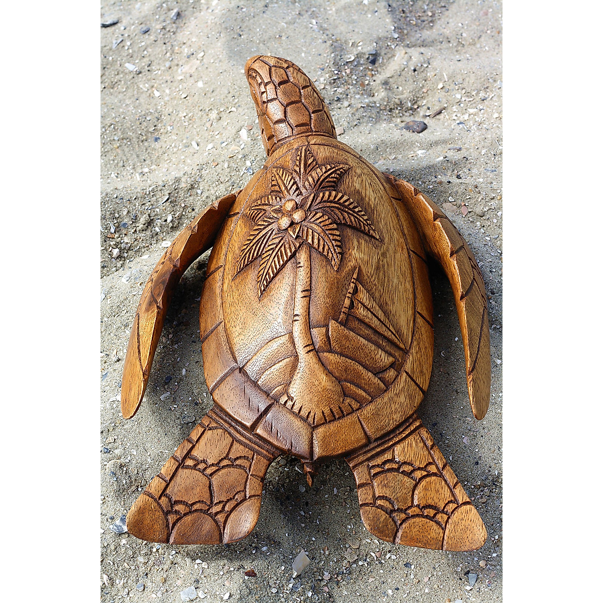 G6 Collection 12" Long Wooden Hand Carved Turtle Tortoise Statue Figurine Sculpture Handcrafted Handmade Decorative Home Decor Accent Rustic Seaside Tropical Nautical Ocean Coastal Decoration