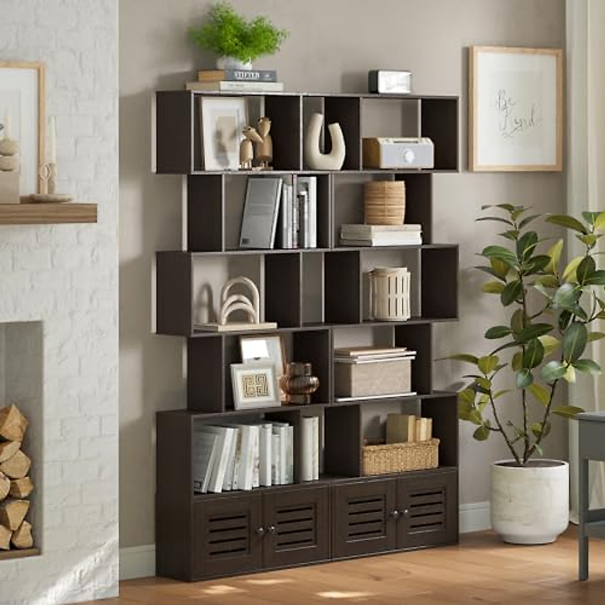 DINZI LVJ 6-Tier Bookshelf, S-Shaped Geometric Bookcase, Book Shelf with Cabinet, Display Shelf with Door, Freestanding Decorative Storage Shelving for Living Room, Home Office, Espresso
