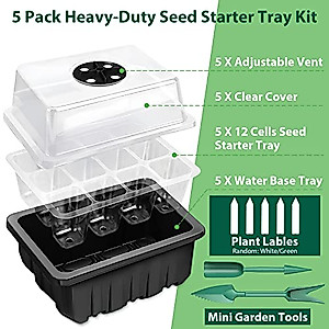 Sfee 5 Pack Seed Starter Tray Kit, 60 Cells Seedling Starter Trays with Humidity Dome and Base Greenhouse Growing Trays, Reusable Seed Germination Seedling Tray with Garden Tools Labels (Black)