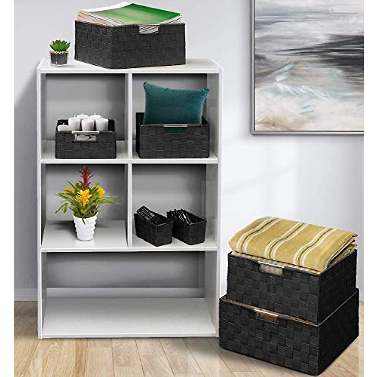 Sorbus Storage Box Woven Basket Bin Container Tote Cube Organizer Set Stackable Storage Basket Woven Strap Shelf Organizer Built-In Carry Handles (7 Piece - Black)