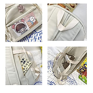 HIQUAY Kawaii Backpack for Girls with Bear Pendant and Cute Pins Backpack for Teens Girls for High School Casual Daypack - Beige