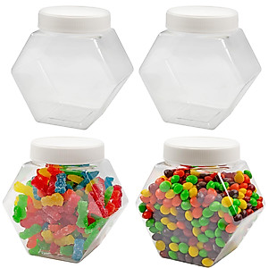 Cornucopia Plastic Hexagon Shaped Jars (4-Pack, 30oz); Value Pack of Containers for Snacks, Gifts and Storage, 2 1/2 Cup Capacity, 5 x 5 x 3 Inches