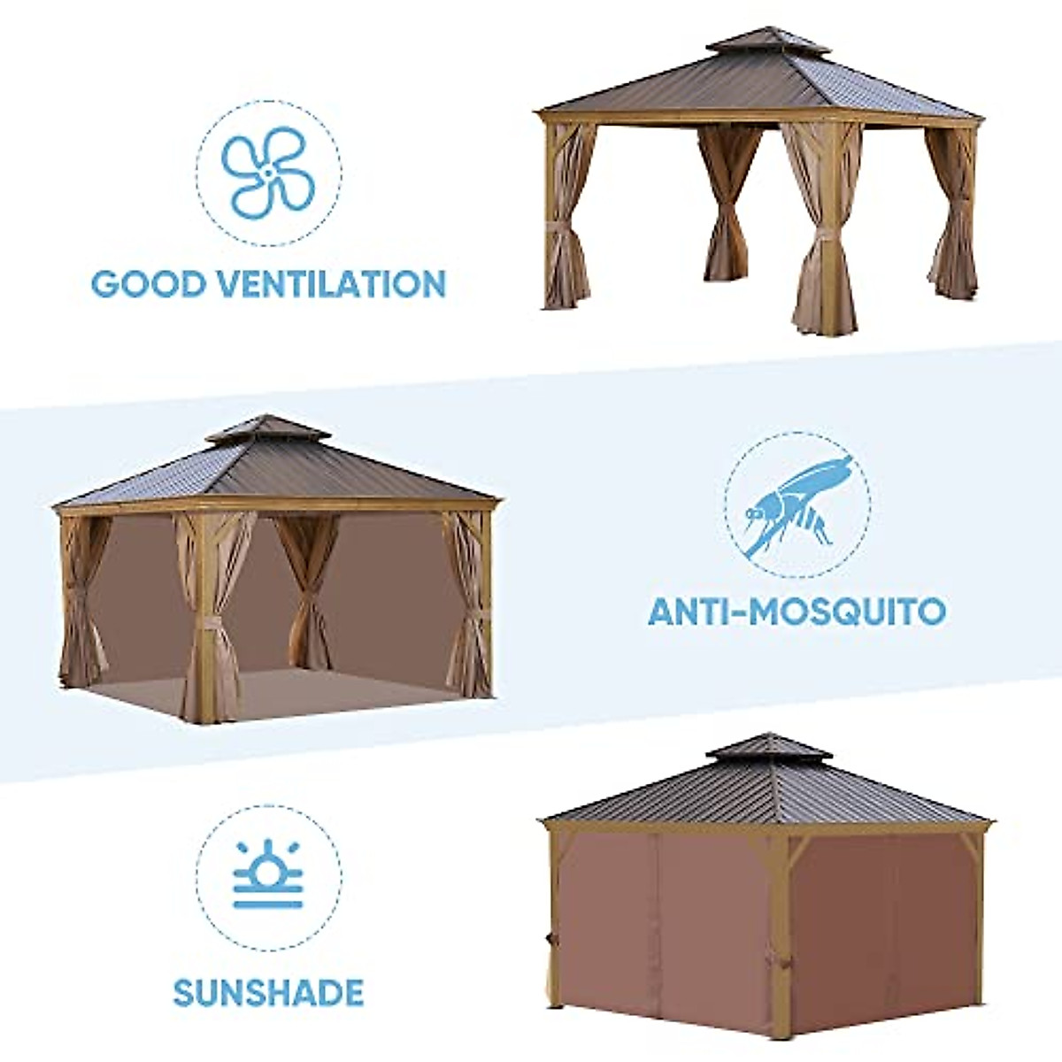Bellemave 12'x12' Hardtop Gazebo with Galvanized Steel Double Roof, Aluminum Wood Grain Patio Canopy with Netting and Curtains, Heavy-Duty Outdoor Permanent Pavilion Garden, Patios, Lawns, Deck