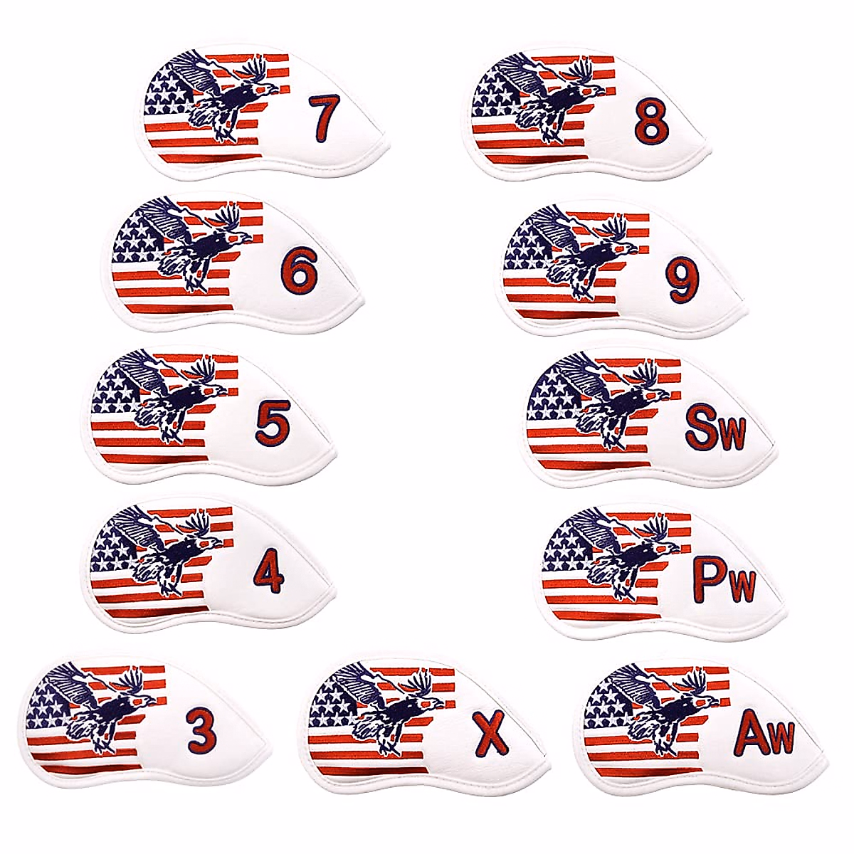 GOOACTION 11PCS USA Eagle Golf Club Iron Headcovers American Stars Stripes Flag Pattern Thick Synthetic Leather Patriotic Golf Head Covers Set
