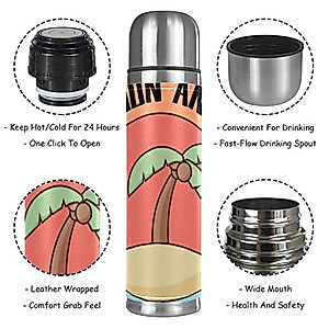 Stainless Steel Leather Vacuum Insulated Mug Coconut Tree Thermos Water Bottle for Hot and Cold Drinks Kids Adults 16 Oz