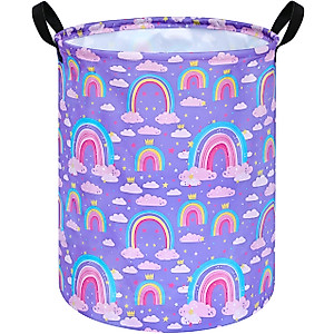 ACMUUNI 19.7 Inch Purple Rainbow Round Kids Round Laundry Clothes Hamper Dino Laundry Basket with Handles,Baby Toys Storage Organizer Bins Laundry Gift Basket for Boys and Girls Room, Bedroom Decor