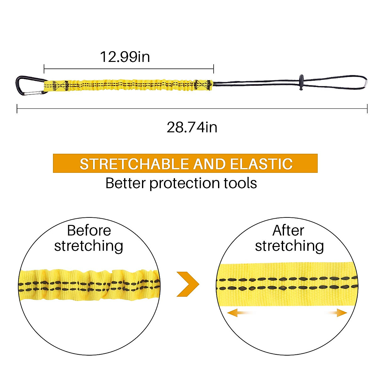 Tool Lanyard, Safety Tool Leash Retractable Bungee Cord with Carabiner Clip and Adjustable Loop End, Quick Release Shock Absorbing, 15 Ib Working Limit Fall Protection Equipment (5, 23.5 Inch（Short）)