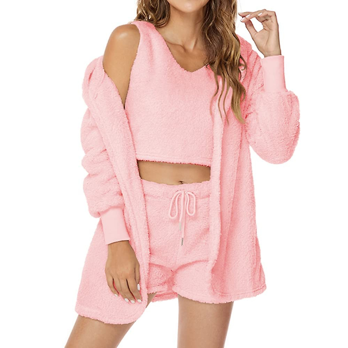 A ADILACA Womens Fuzzy 3-Piece Lounge Sets Tank Tops Cardigan Shorts Fleece Pajamas Set, Womens Sexy Warm Fuzzy Fleece 3 Piece Outfits (Light Pink, S)