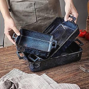 VICRAYS Ceramic Bakeware Set, Porcelain Rectangular Lasagna Pans Casserole Dish Set for Baking, Cooking, Kitchen, Cake Dinner, Banquet and Daily Use, 3 PCS, 15 x 8.5 Inches(Blue)