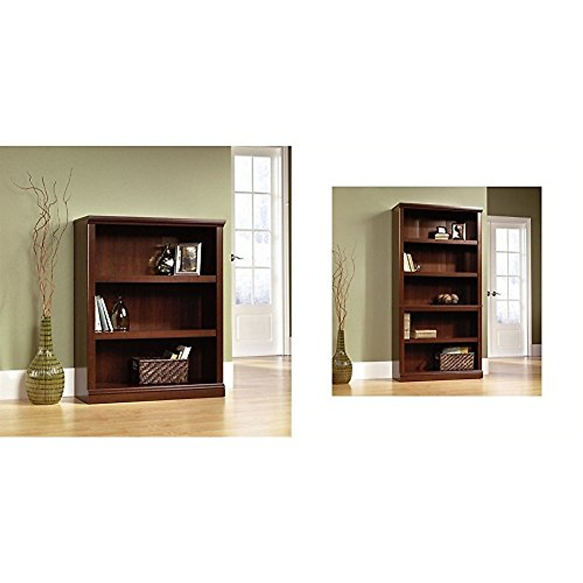 Sauder 3-Shelf Bookcase, Select Cherry Finish + Sauder 5-Shelf Bookcase, Select Cherry Finish_Bundle