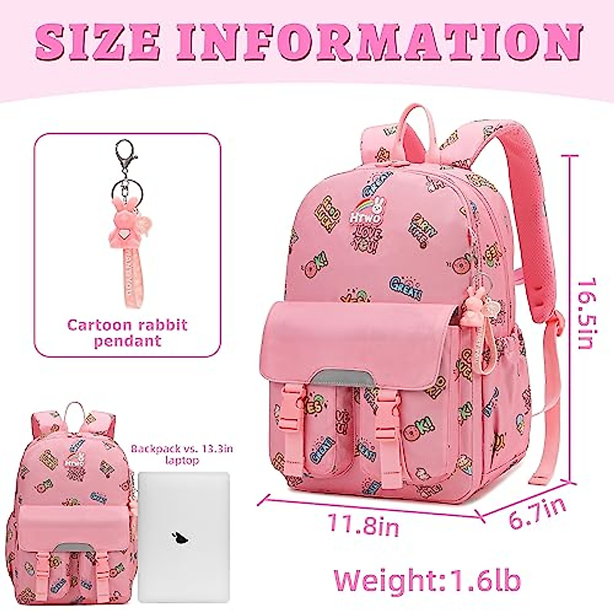 HTWO school backpack for girls cute cartoon bookbag Spinal protection kids travel backpacks for girl with Gift pendant (Pink)